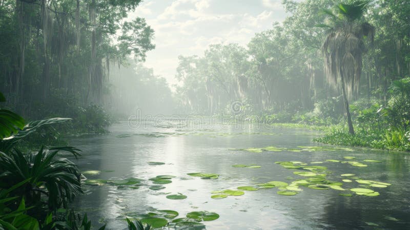 Misty Swamp River Landscape with Lush Green Vegetation Stock ...
