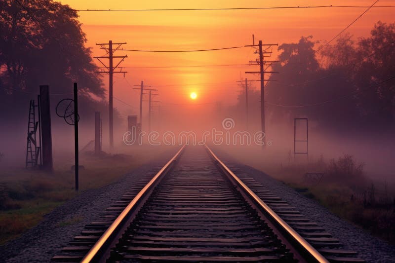 Misty Train Tracks Leading into the Distance at Dawn Stock Illustration ...