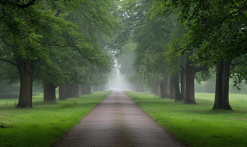 Misty Tree-lined Road in a Park Stock Illustration - Illustration of ...