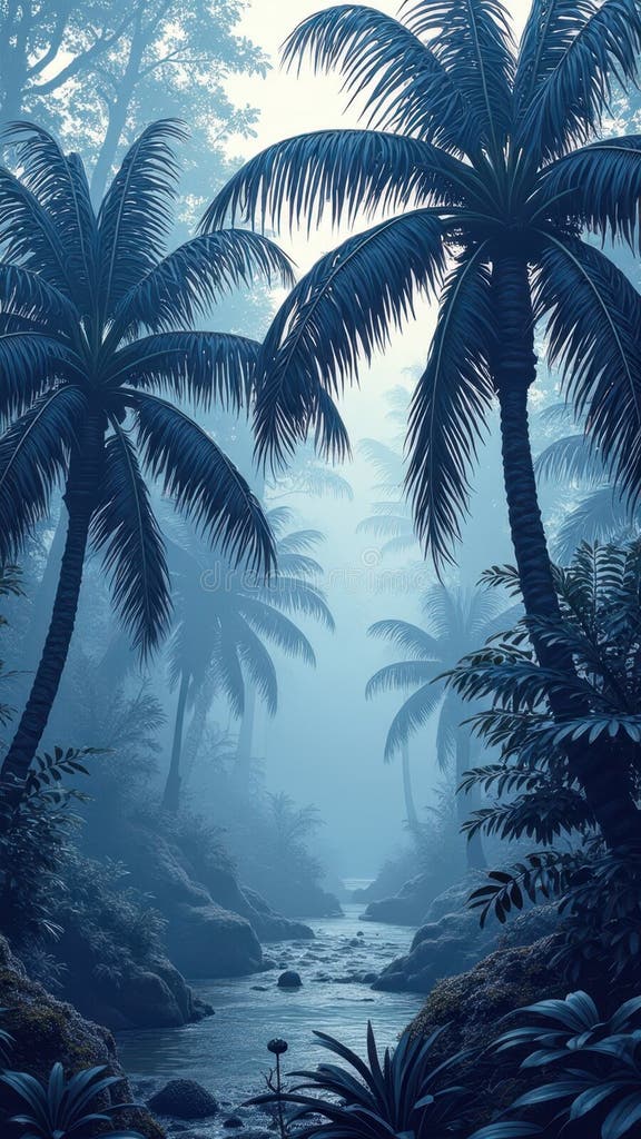 Misty Tropical Forest with Palm Trees and Stream at Dawn Stock Image ...