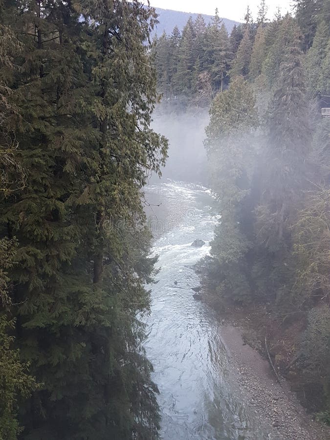 Misty Valley with Mountian River Below Stock Photo - Image of fast ...