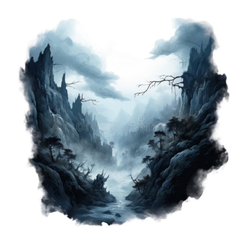 A Misty Valley with a River Flowing between Cliffs and Trees Stock ...