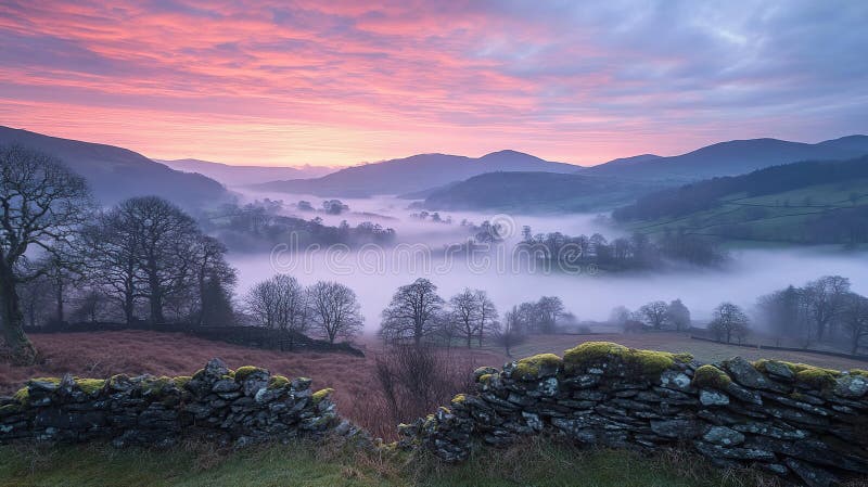 Misty Valley Sunrise Landscape Stock Photo - Image of hills, calm ...