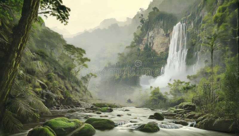 A Misty Valley Surrounded by Dense Tropical Greenery and a Tall ...