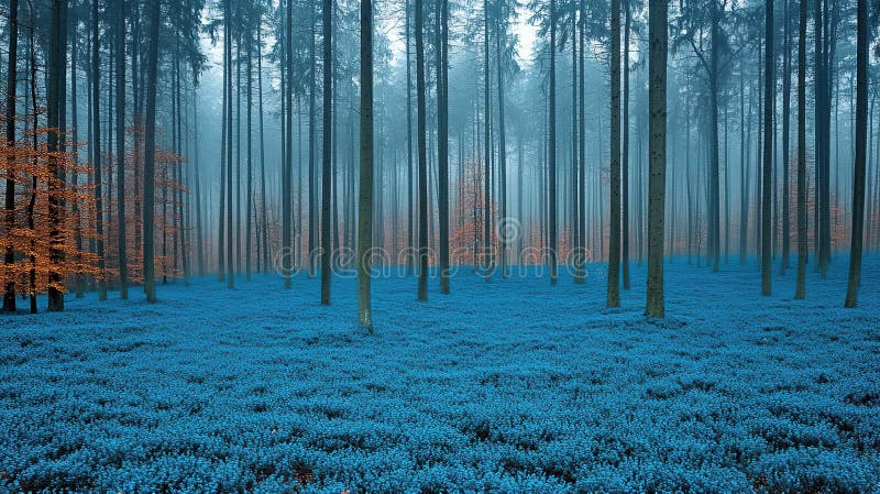 Misty, Vibrant Blue Forest Floor, Tall Trees, Atmospheric Colors Stock ...