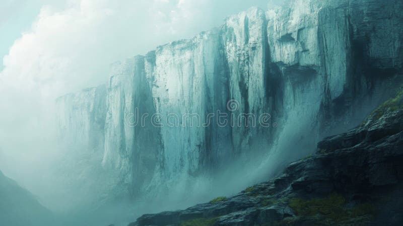 Misty Waterfall Cascading Down a High Cliff Stock Illustration ...