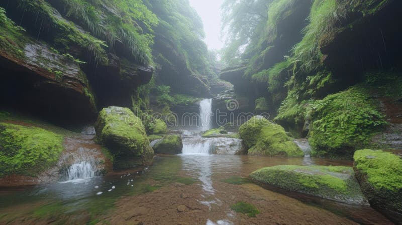 Misty Waterfall Flows through Mossy Gorge in Lush Rainforest Nature S ...
