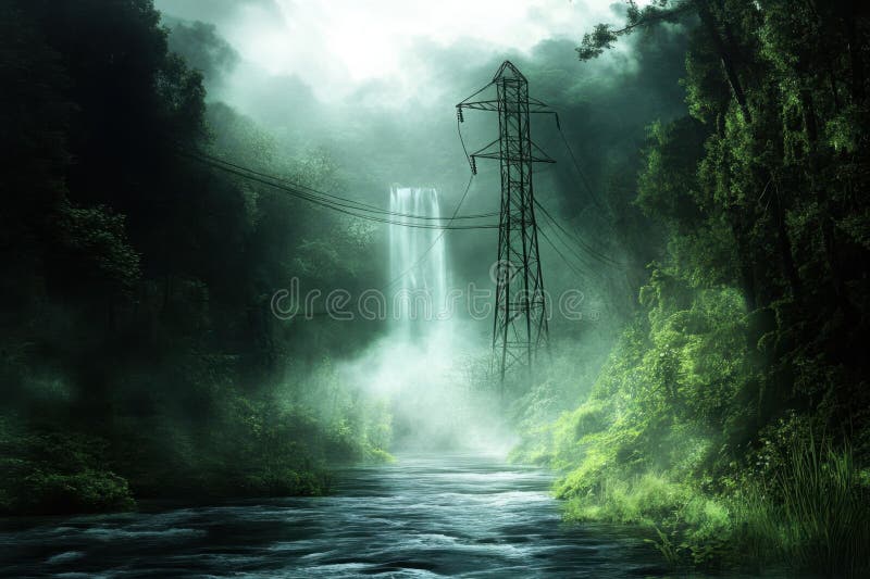 Misty Waterfall Surrounded by Lush Greenery and a Power Line Structure ...