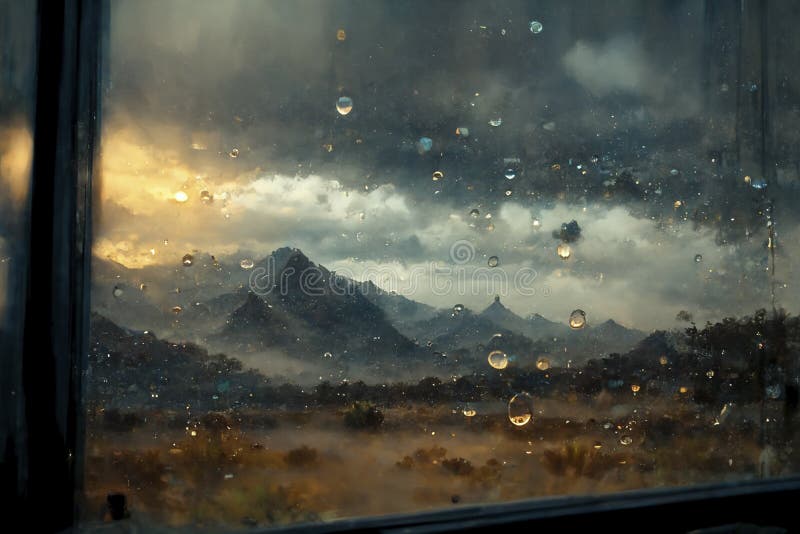 Misty Window with Rain Drops Blurred Background, Mountains View Window ...