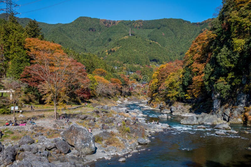 Mitake Town and Tama River in Autumn Season. Stock Image - Image of ...