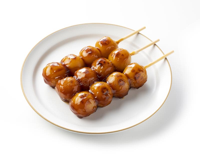 Mitarashi Dango and Green Tea on a Red Japanese Tray Stock Image ...