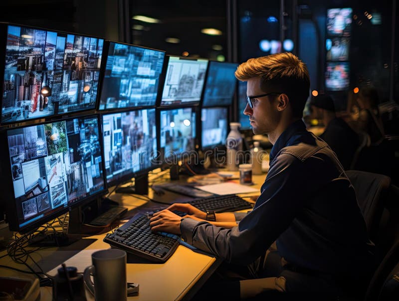 Dedicated Office Worker Surrounded by Computer Screens Stock ...