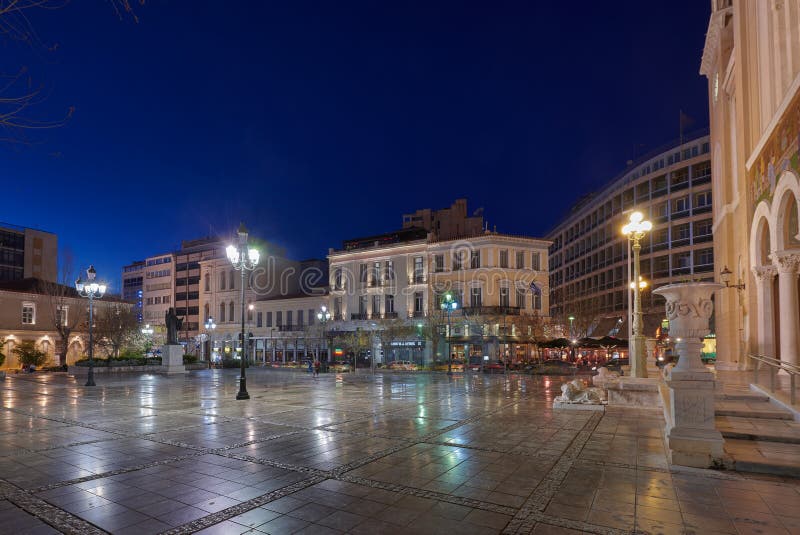 Night View of the Mitropoleos Square at Athens City Center, Greece ...