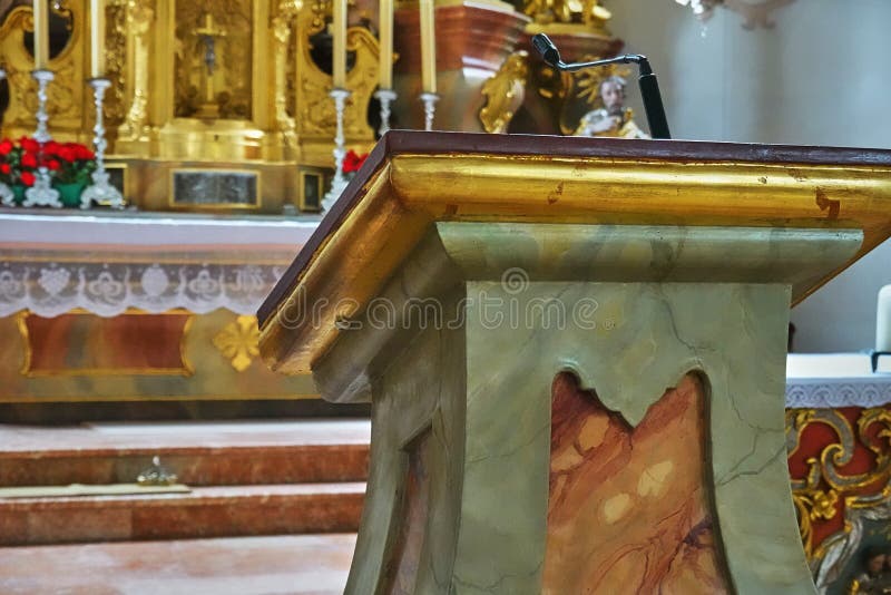 Pulpit in Front of the Altar in a Catholic German Church in Bavaria ...