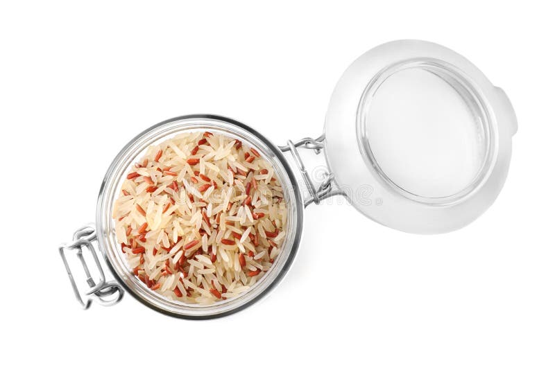 Mix of Brown and Polished Rice in Jar on White, Top View Stock Image ...