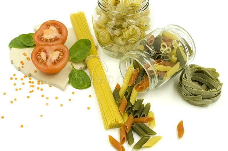 Mix of Bunch Uncooked Italian Pasta with Tomato Isolated on White Stock ...