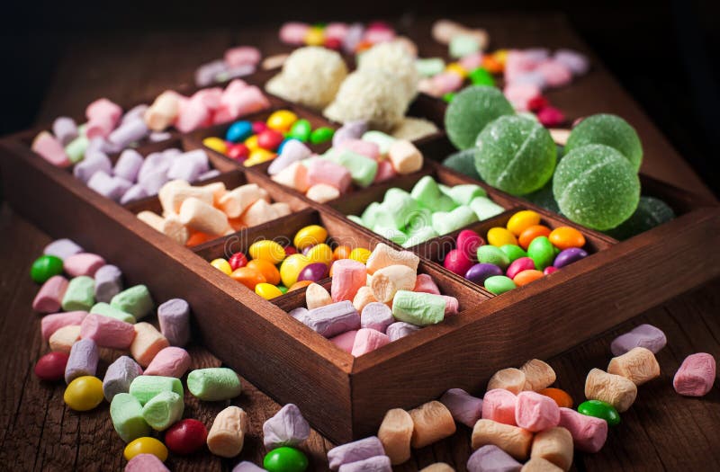 Mix of Candies and Sweets in Wooden Box Stock Photo - Image of ...