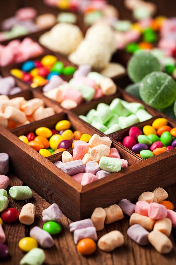 Mix of Candies and Sweets in Wooden Box Stock Photo - Image of ...