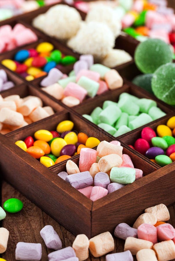 Mix of Candies and Sweets in Wooden Box Stock Image - Image of ...