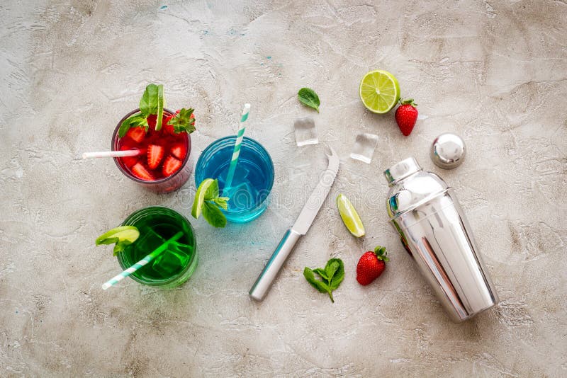Mix of Cocktails Cold Drink with Ingredients and Bar Tools Stock Image ...