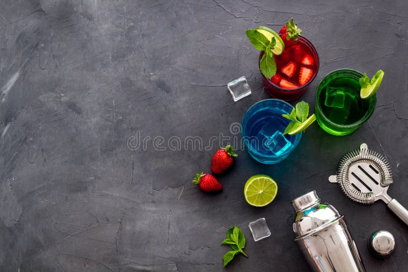 Mix of Cocktails Cold Drink with Ingredients and Bar Tools Stock Photo ...