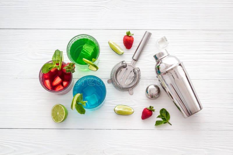 Mix of Cocktails Cold Drink with Ingredients and Bar Tools Stock Photo ...