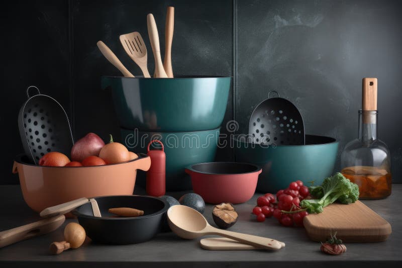 A Mix of Cooking Utensils in Contrasting Colors and Materials Stock ...