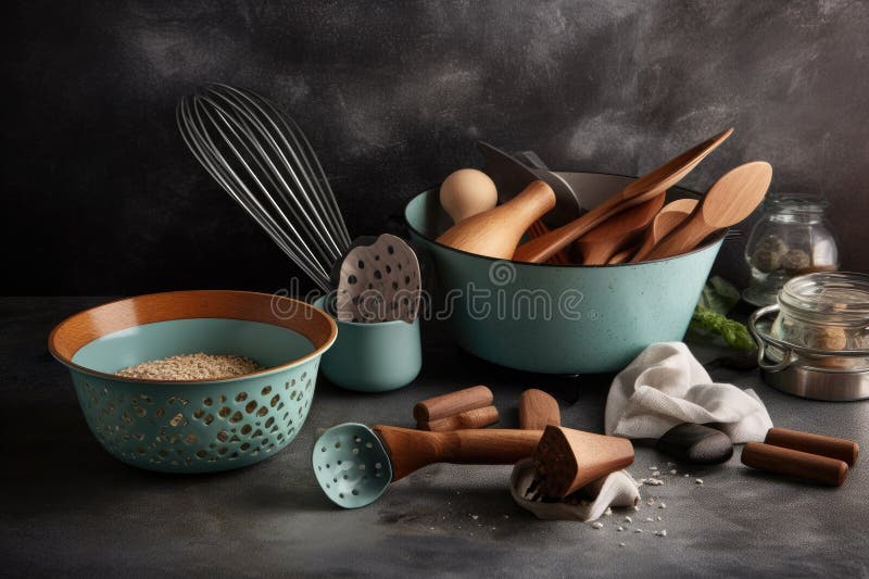 A Mix of Cooking Utensils in Contrasting Colors and Materials Stock ...