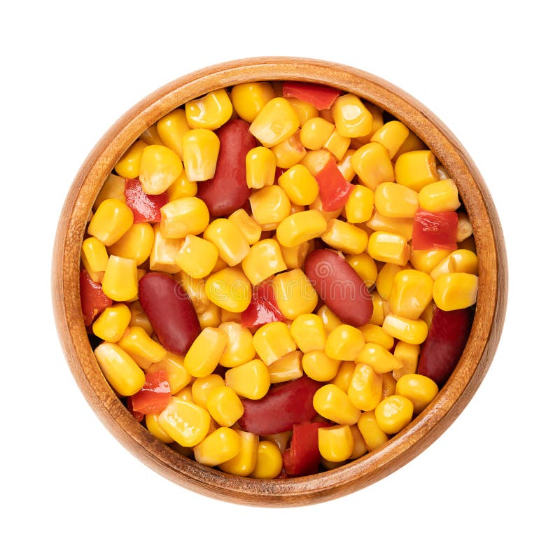 Mix of Canned Corn, Kidney Beans and Diced Bell Pepper, in Wooden Bowl ...