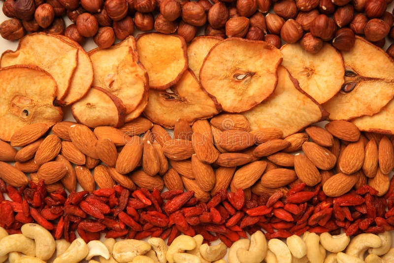 Mix of Delicious Dried Nuts and Fruits As Background, Top View Stock ...