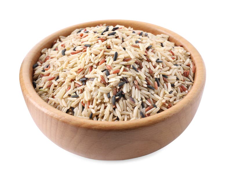 Mix of Different Brown Rice in Wooden Bowl Isolated Stock Photo - Image ...