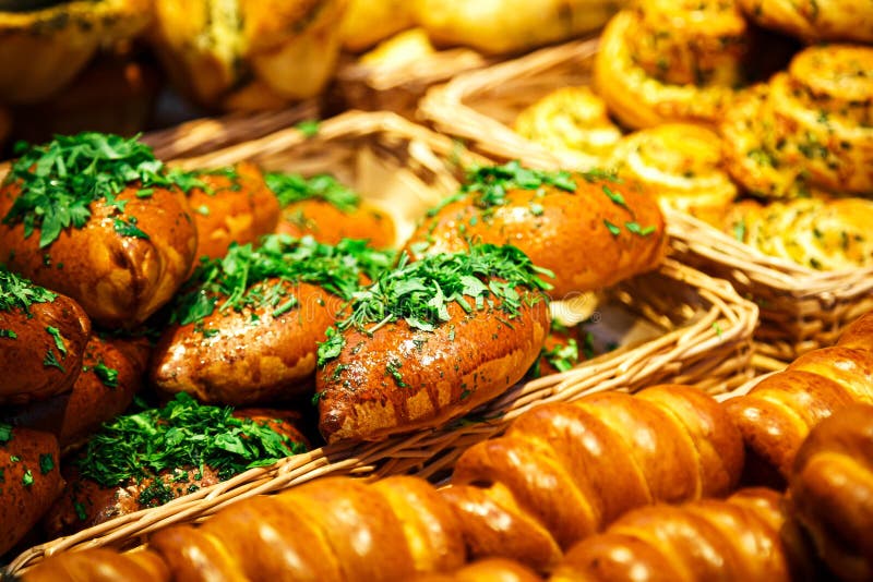 Mix of Different Fresh Baking, Pastry, Small Pie at the Shelfs of ...