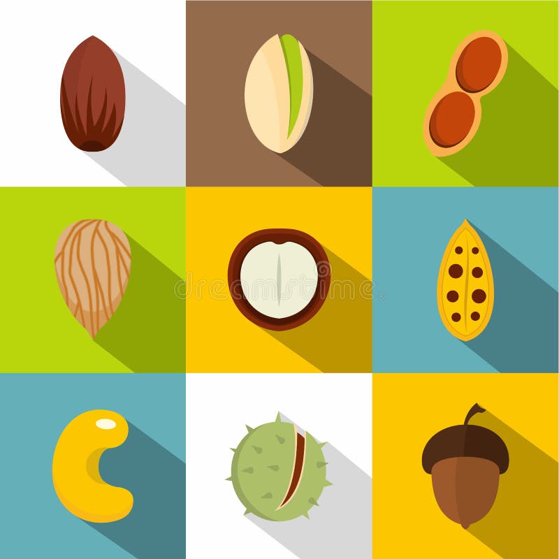 Mix of Different Nuts Icons Set, Flat Style Stock Vector - Illustration ...
