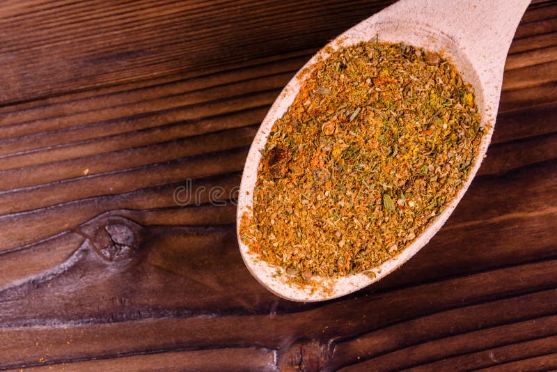 Mix of Different Seasonings in Wooden Spoon. Top View Stock Image ...