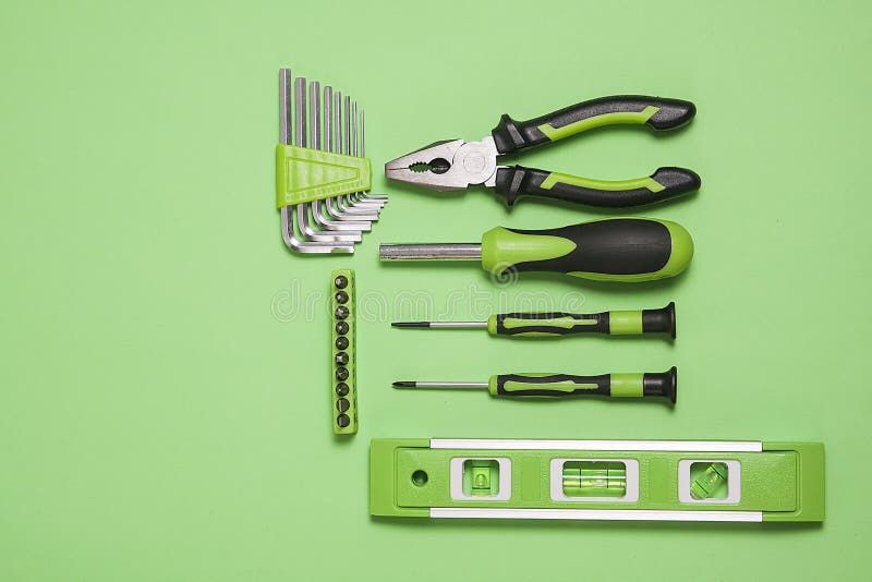 Mix of Different Tools in One Box on Green Background Stock Image ...