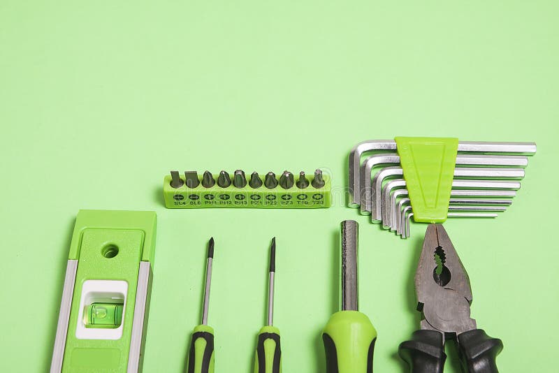Mix of Different Tools in One Box on Green Background Stock Image ...