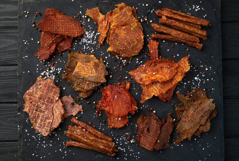 Mix of Dried Meat Jerky . from Chicken , Beef and Pork Stock Image ...