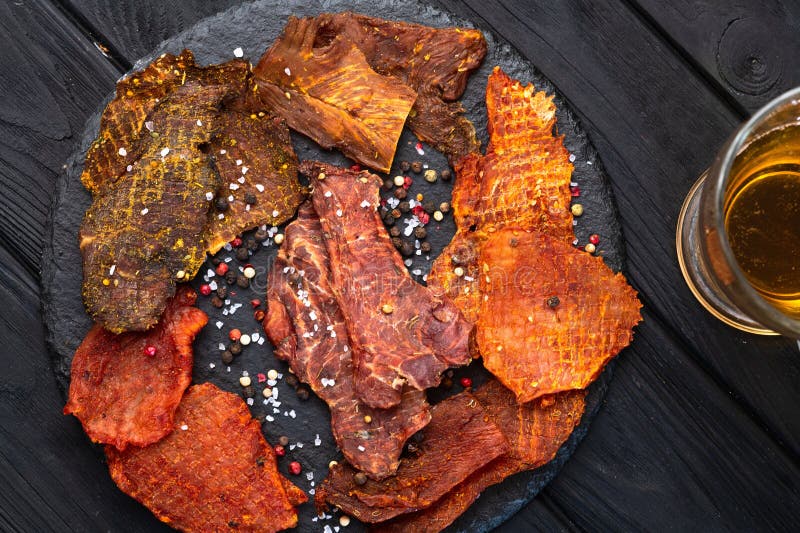 Mix of Dried Meat Jerky . from Chicken , Beef and Pork Stock Image ...