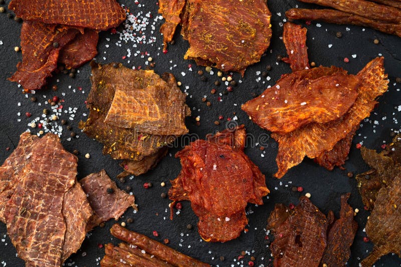 Mix of Dried Meat Jerky . from Chicken , Beef and Pork Stock Image ...