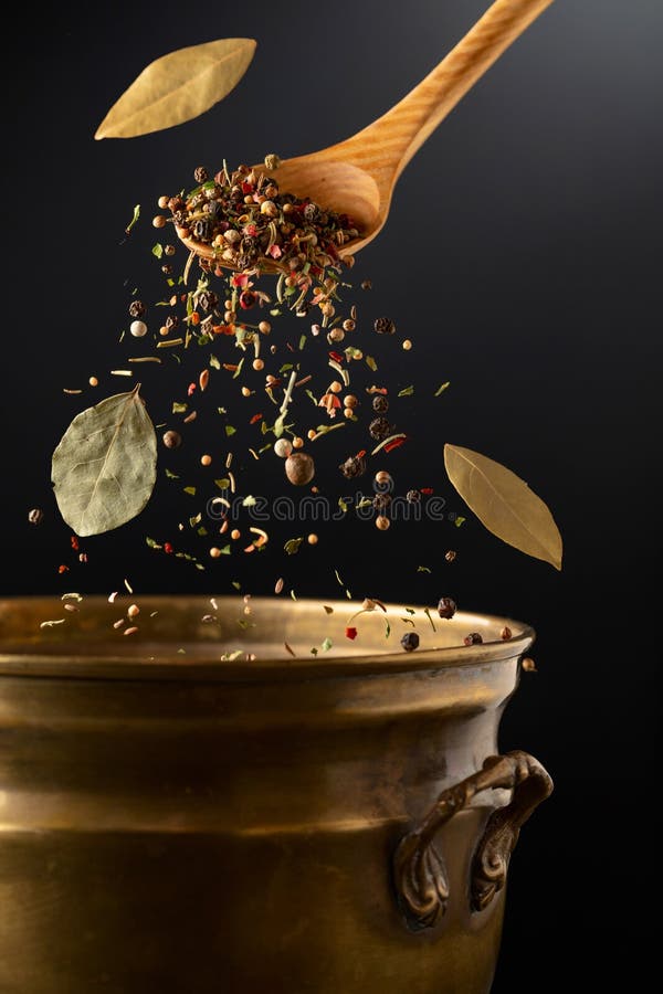 Mix of Dried Spices is Poured into a Old Brass Pan Stock Image - Image ...