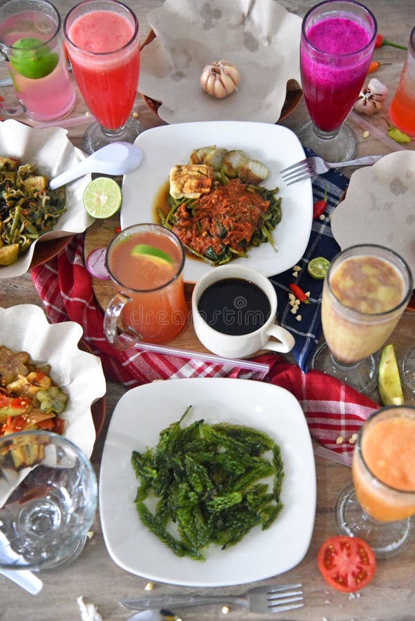 Mix Foods and Drinks Placed on the Brown Wooden Table Stock Photo ...