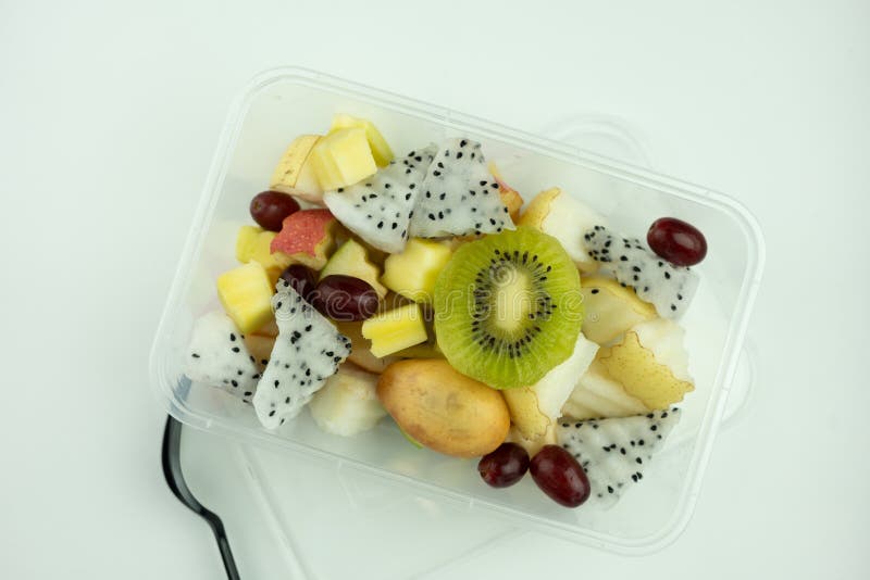 Mix of Fresh Fruits in Plastic Box Stock Photo - Image of container ...