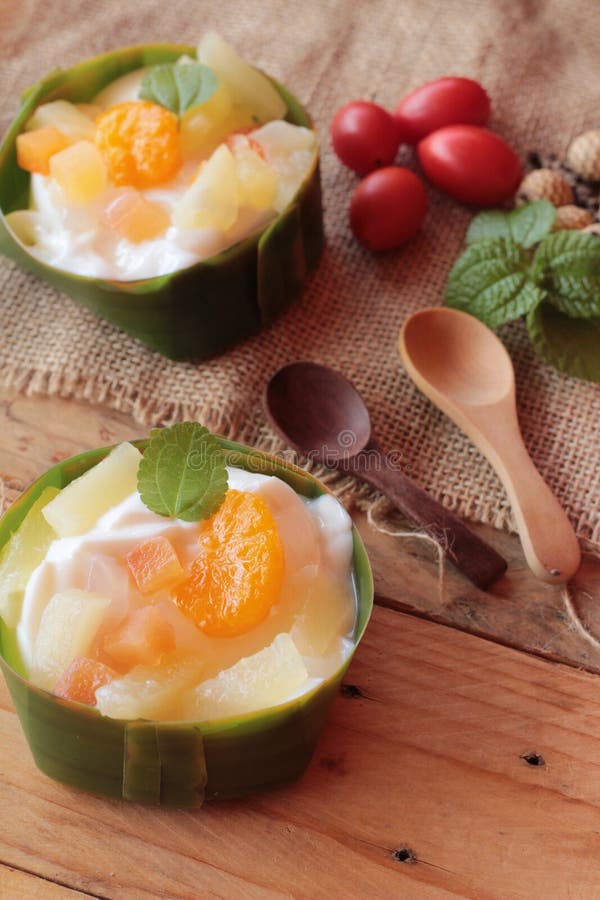 Mix Fruit Salad Topping on Tofu Milk. Stock Photo - Image of oranges ...