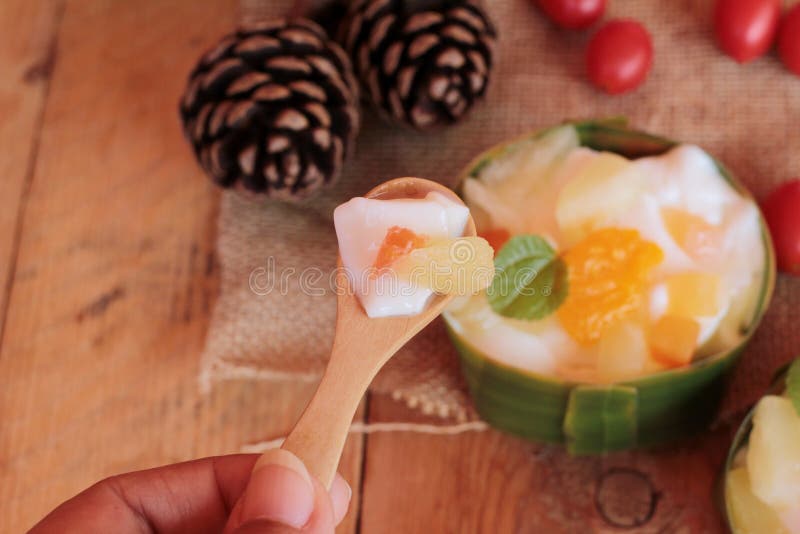 Mix Fruit Salad Topping on Tofu Milk. Stock Photo - Image of asian ...