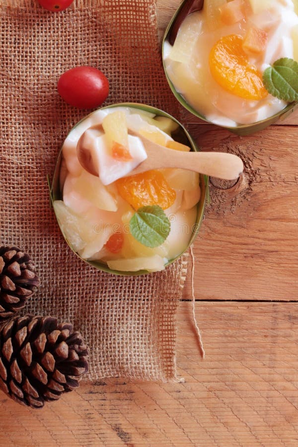 Mix Fruit Salad Topping on Tofu Milk. Stock Photo - Image of style ...