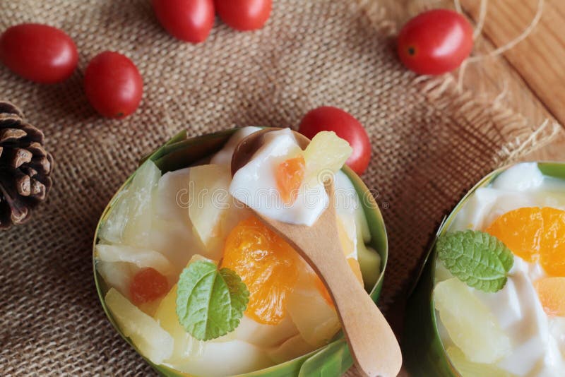 Mix Fruit Salad Topping on Tofu Milk. Stock Image - Image of salad ...