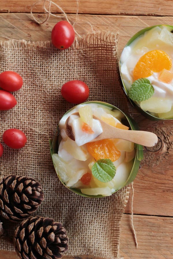 Mix Fruit Salad Topping on Tofu Milk. Stock Photo - Image of pudding ...