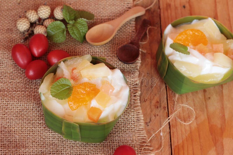 Mix Fruit Salad Topping on Tofu Milk. Stock Image - Image of milk, tofu ...