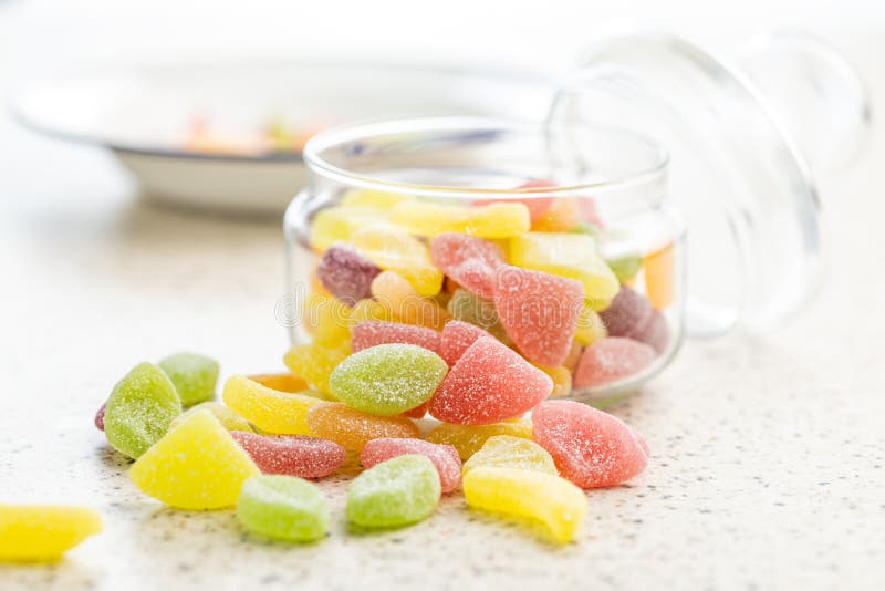 Mix of Fruity Jelly Candy in Jar on Kitchen Table Stock Image - Image ...