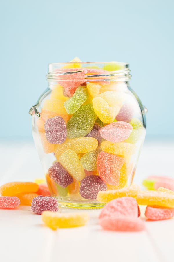 Mix of Fruity Jelly Candy in Jar on White Table Stock Photo - Image of ...